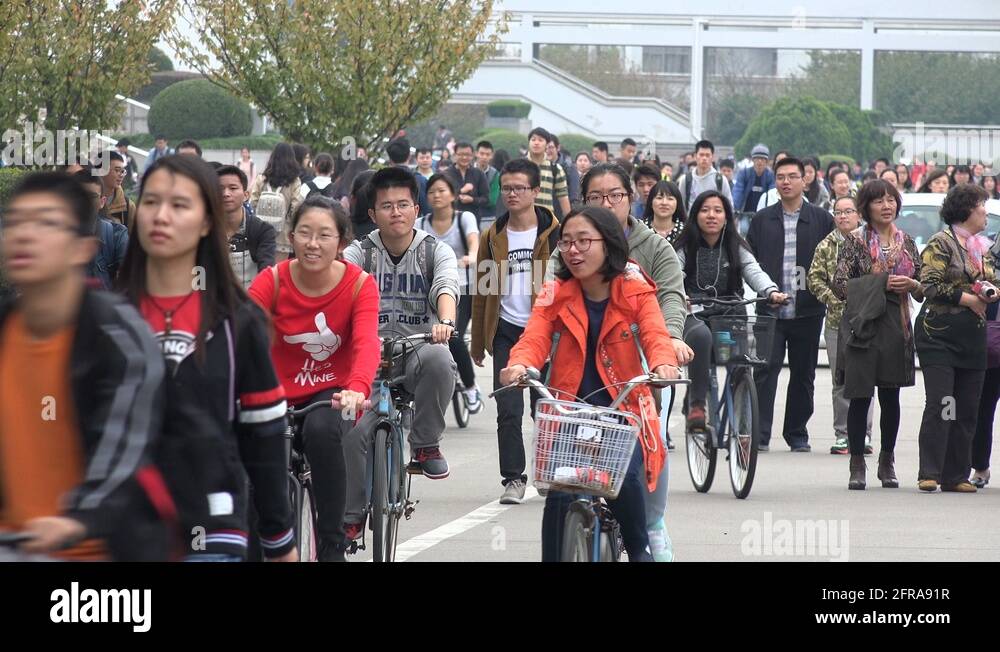 China college education, students walk cycle on Shanghai university ...