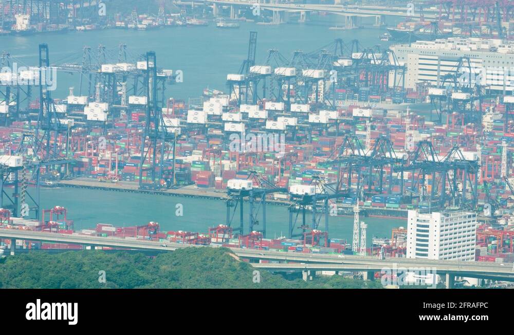 Huge container port, as viewed from Sky100 observation deck. Video 4k ...