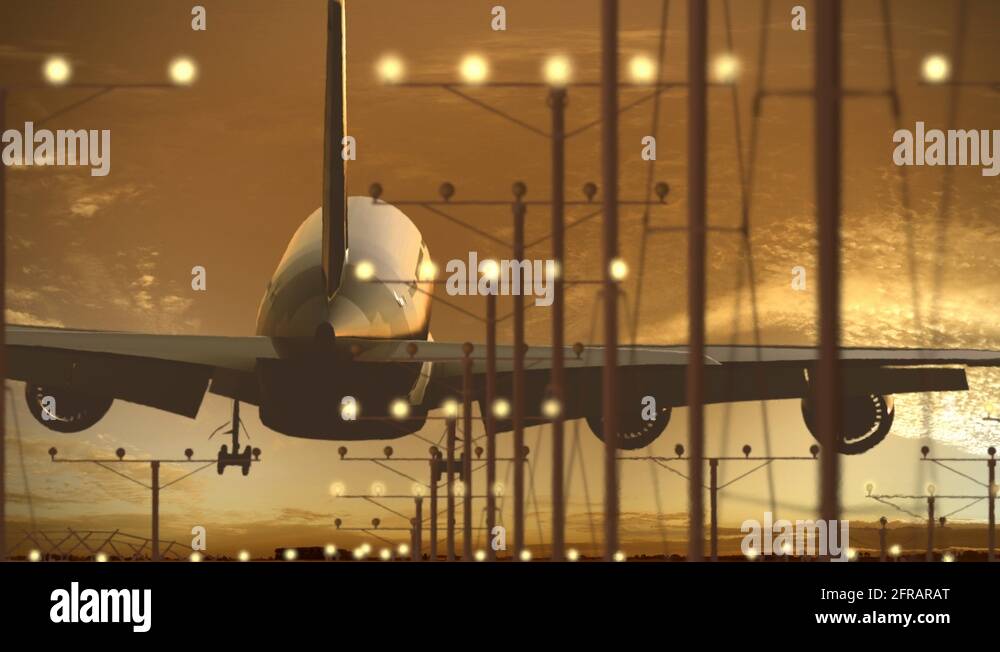 Airbus A340-600 airliner landing at the airport against beautiful ...