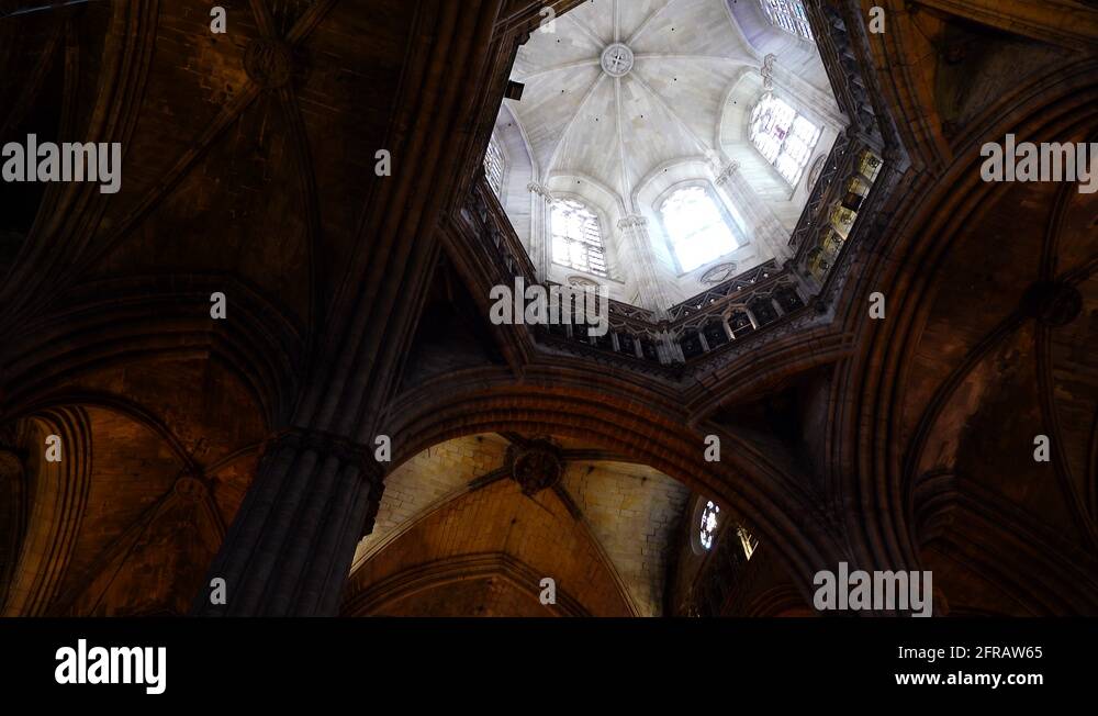 Gothic Cathedral dim interior, tilt up to rotunda dome, arched ceiling ...