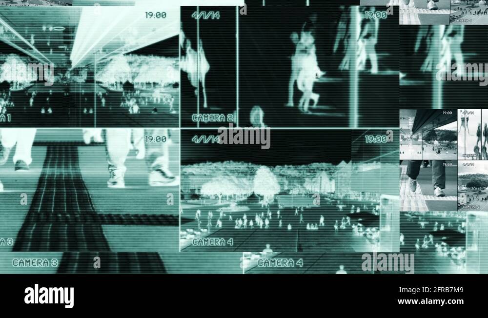 surveillance camera monitor split screen background. public safety ...