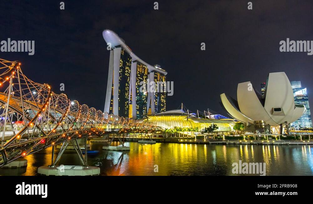 marina bay night helix bridge panorama 4k time hyper lapse singapore ...