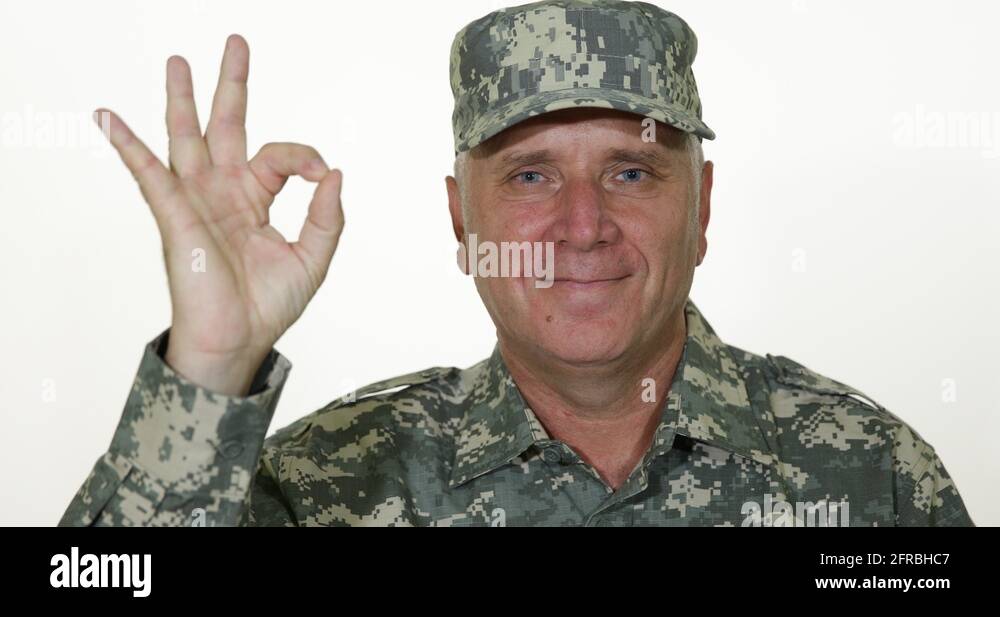 Pan View Smiling Military Man TV Camera Presentation Good Job Ok Hand ...