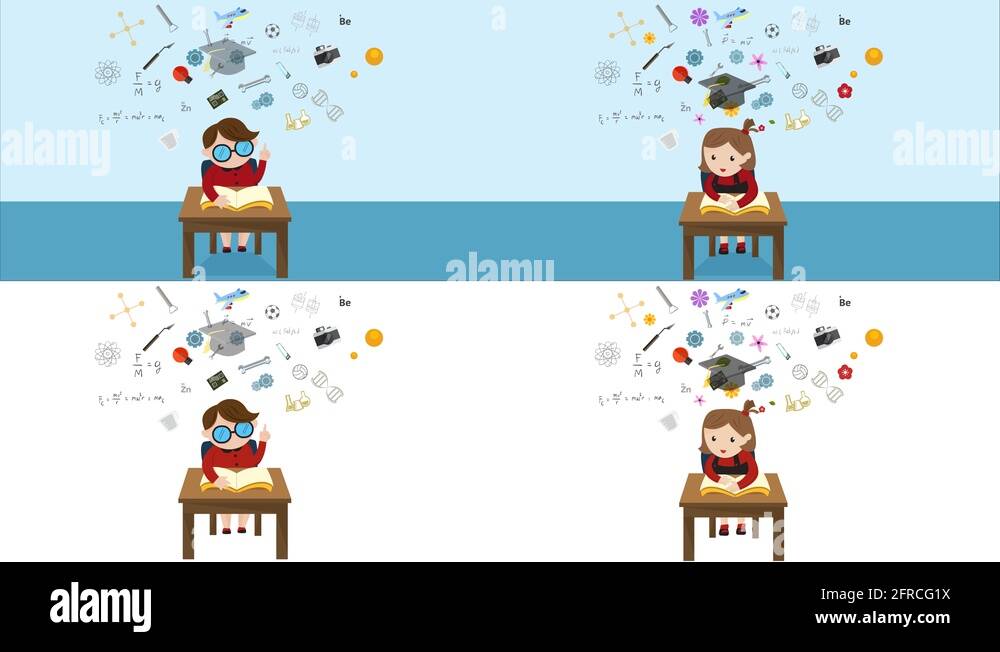 Four animation boy and girl student reading education book knowledge ...