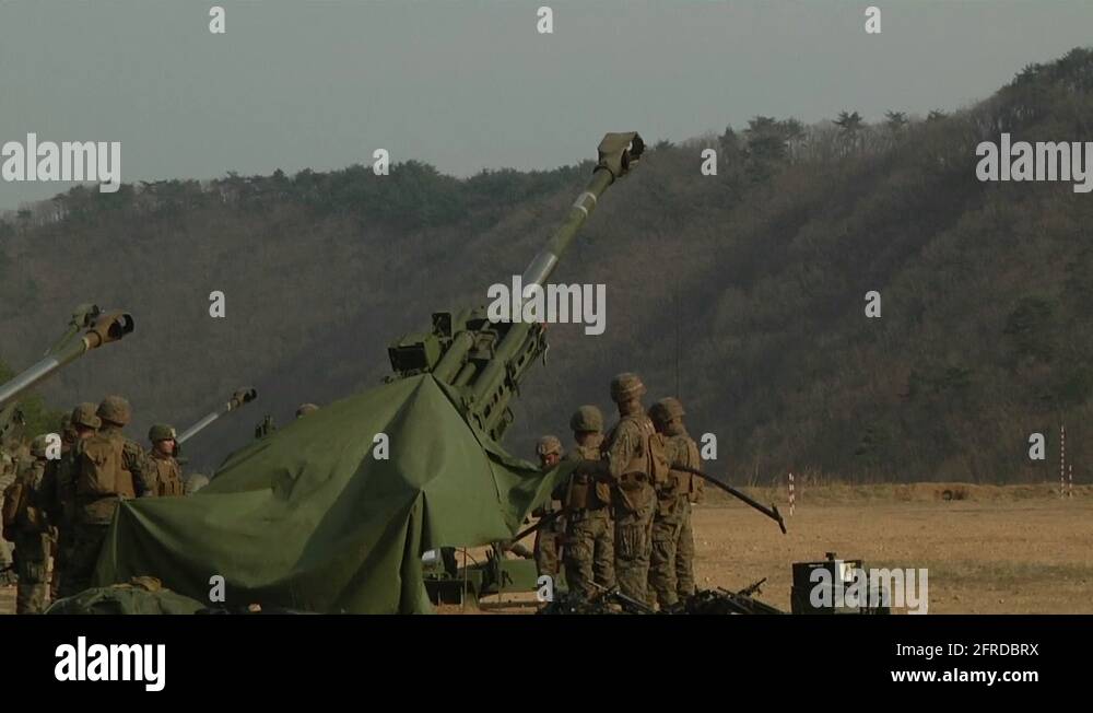 Howitzer Artillery Live Shoot - Wide shot Howitzer firing with nat ...