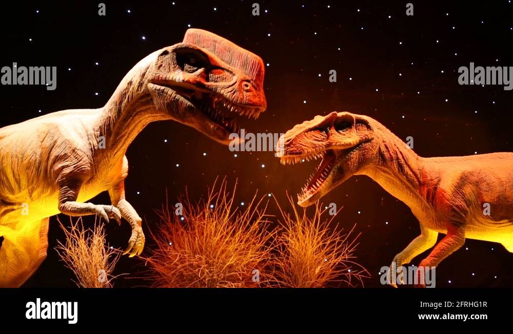 Heads of two dinosaurs at Show of dinosaurs in pavillion of VDNKH Stock ...