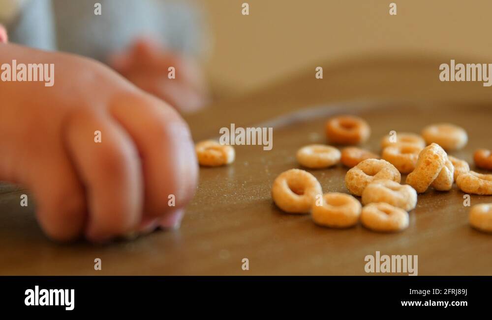 Toddler hand eating cheerios with stuffed animal Stock Video Footage ...