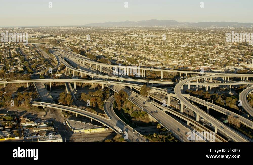 Aerial vertical view of busy intersection flyover Los Angeles USA Stock ...