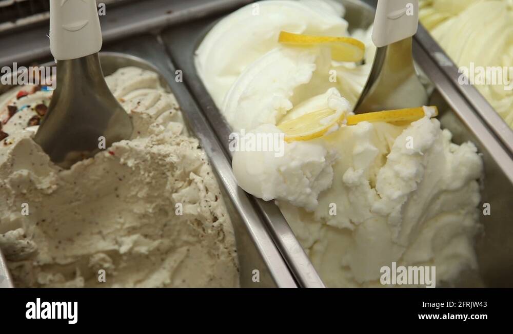 ice cream parlour with varieties of ice cream gelato, slider shot Stock ...