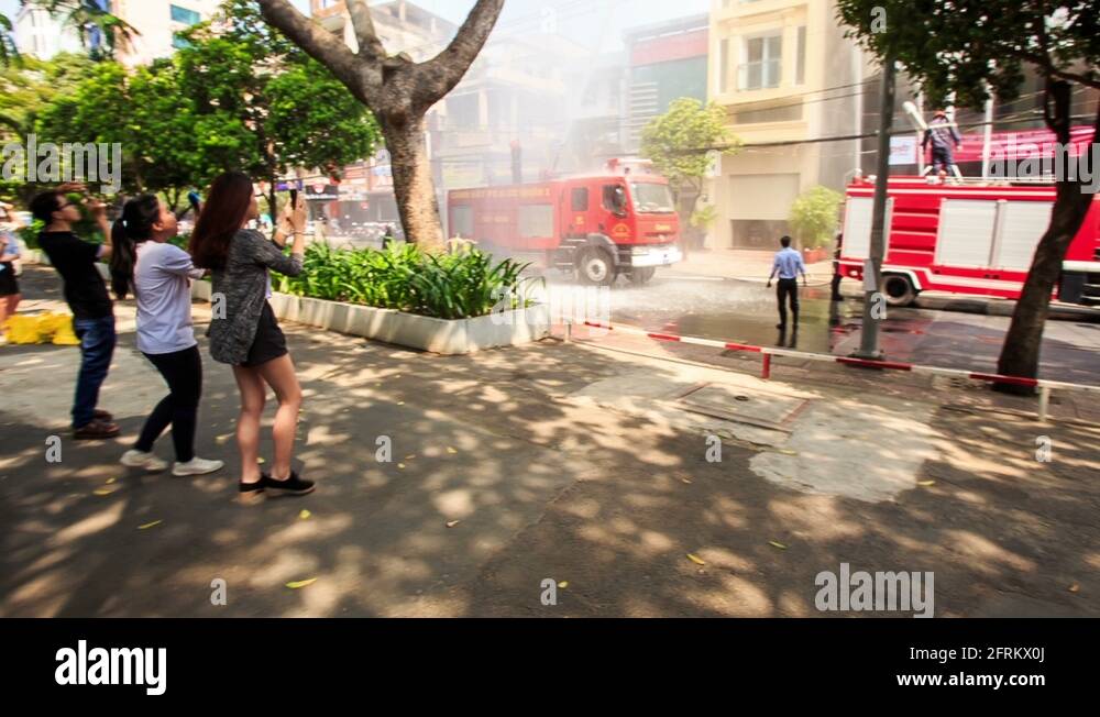 People Crowd on Pavement Photo Fire Engines Brigade Stock Video Footage ...