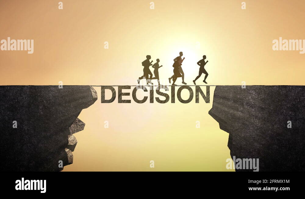 Pencil write 'DECISION', connecting the cliff. Businessman crossing the ...