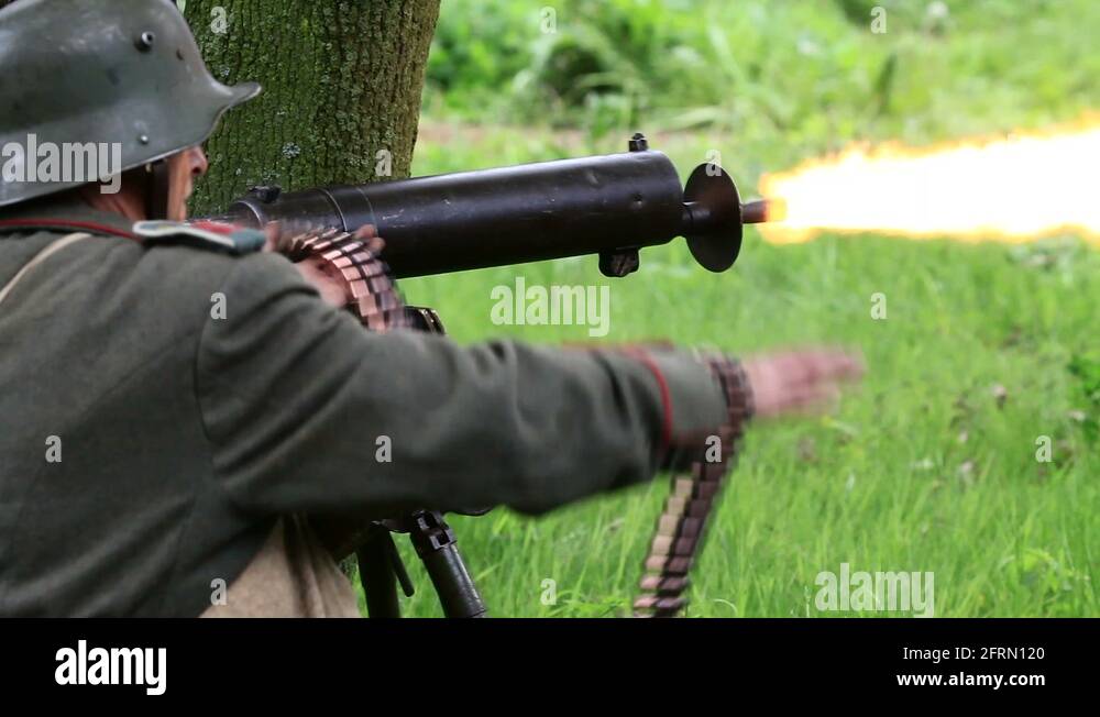 German soldier of first world war shoots from mashine-gun on the ...
