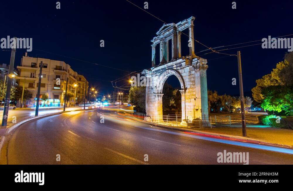 4K Athens, Gate of Hadrian monument, Roman ruins night timelapse Stock ...
