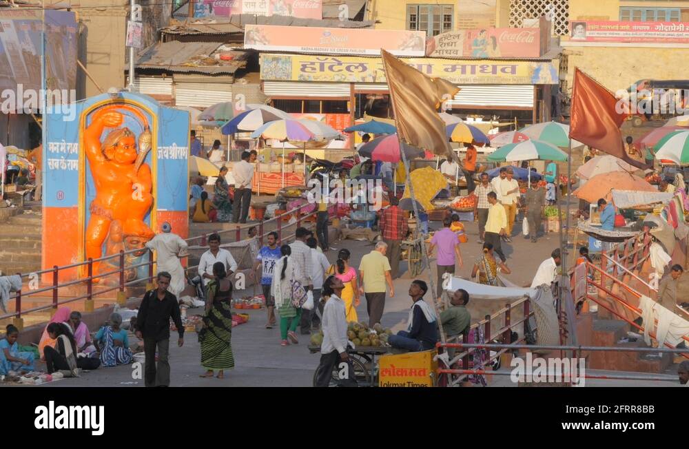 Bridge on Ramkund with with Hanuman and market,Nashik,India Stock Video ...