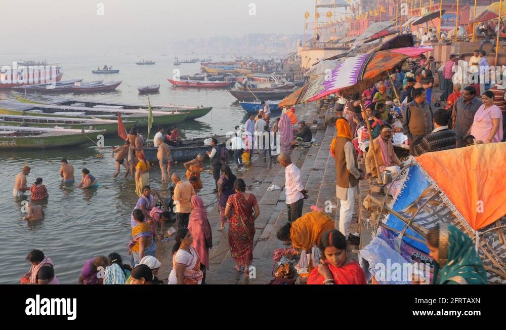 Pilgrims bathing in the Ganges at ghats,Varanasi,India Stock Video ...