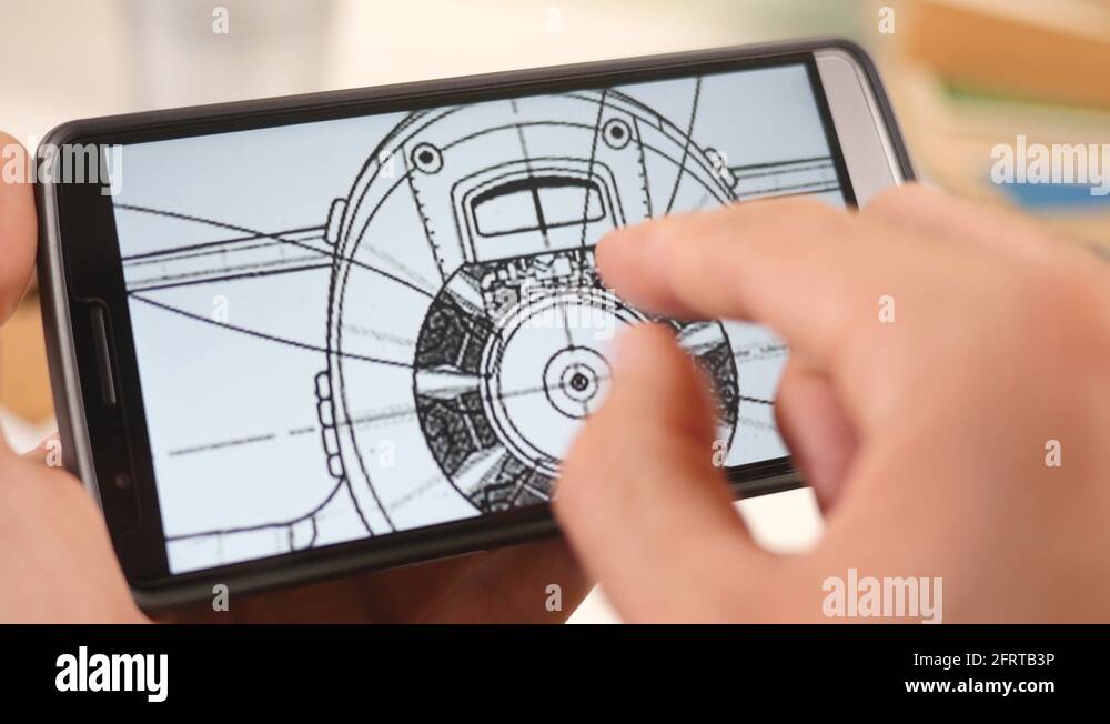 4K Looking at a Technical Drawing Blueprint on a Smartphone Touchscreen ...