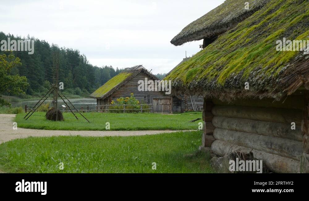 Old russian wooden farm with moss on the roofs, 4k shot Stock Video ...