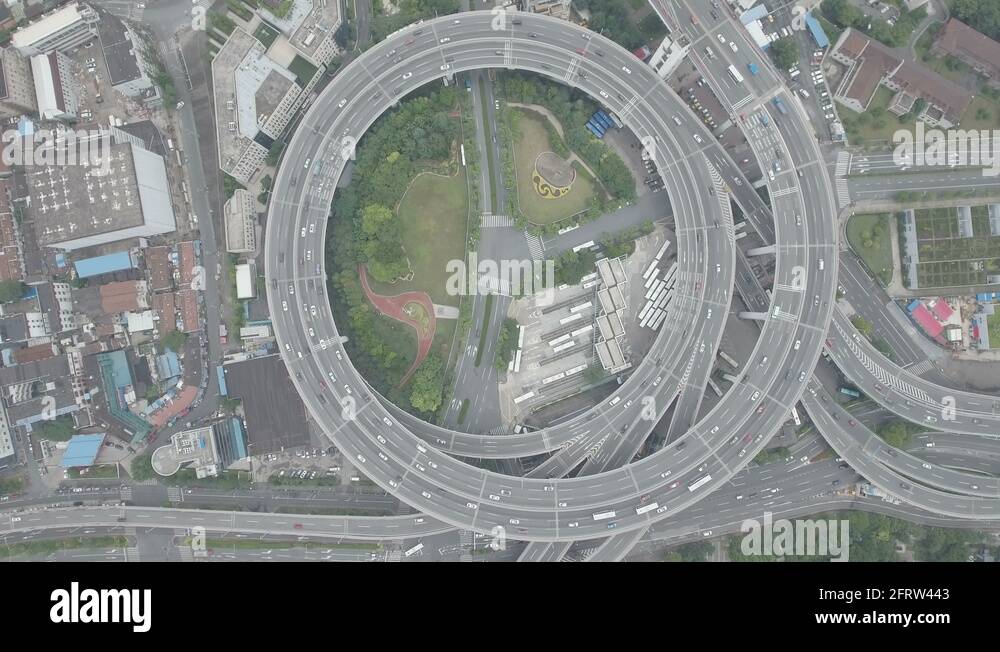 Overhead aerial view of round Nanpu flyover, elevated highway Shanghai ...