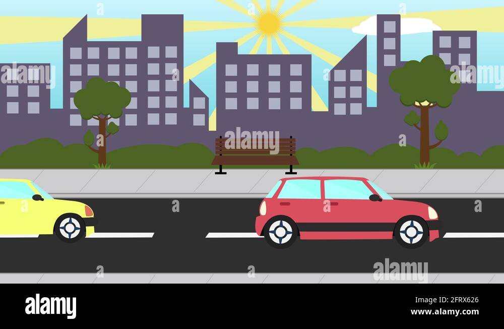 Colorful cartoon city traffic seamless loop. city day looped animated ...