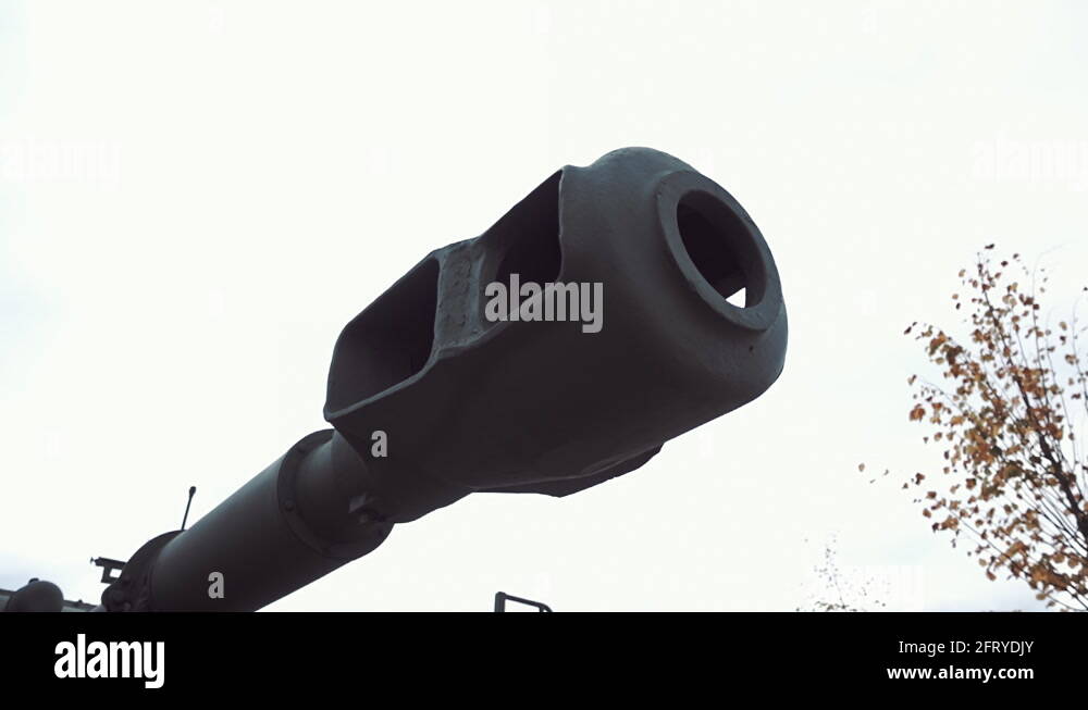 Muzzle brake compensator of tank gun on background of sky Stock Video ...