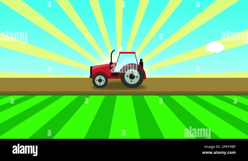 Cartoon tractor cycle animation in the farm over sunburst seamless loop ...
