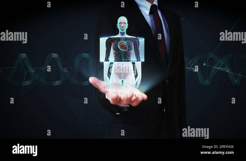 Businessman open palm, Zooming Female and scanning heart ...