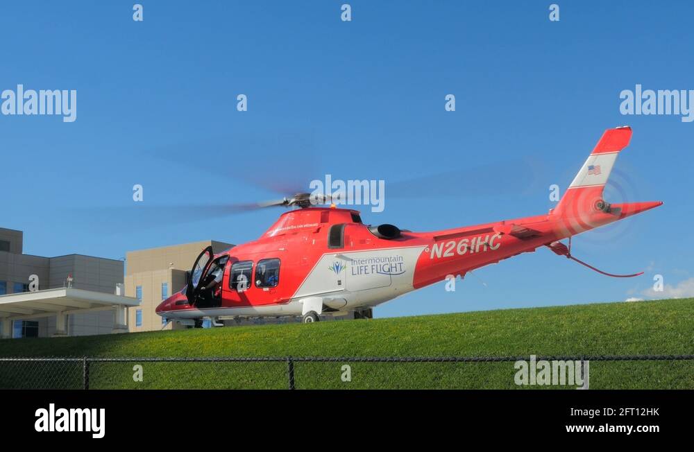Medical flight helicopter sky ambulance starting up at hospital Stock ...