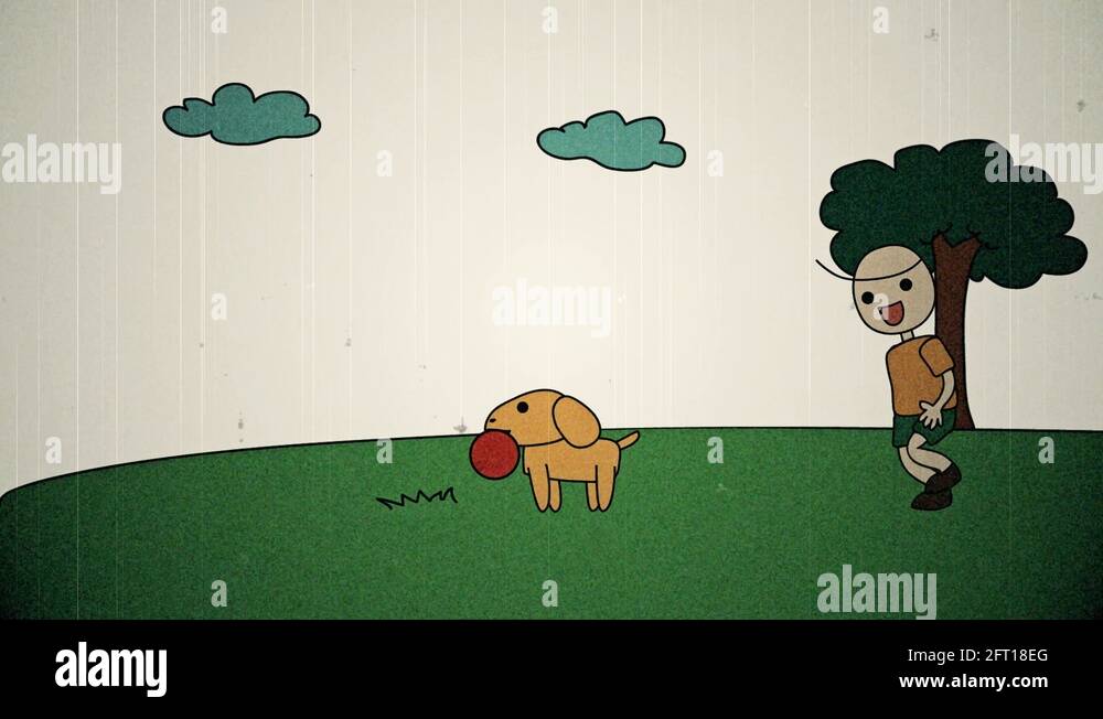 Old retro film grain animation cartoon kindergarten drawing boy in ...