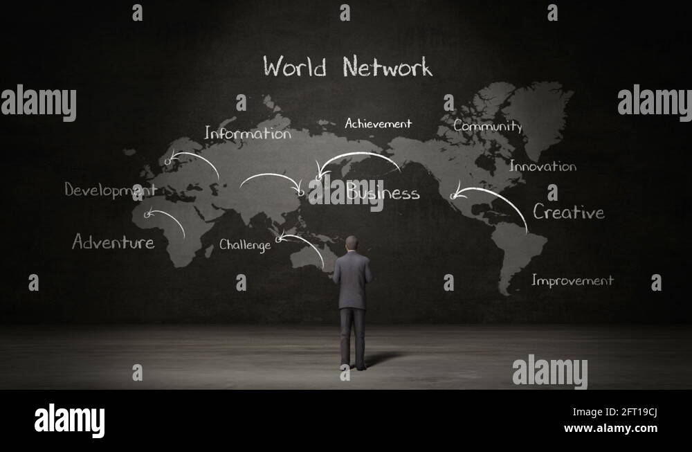Businessman standing world map, Handwriting 'World network ...