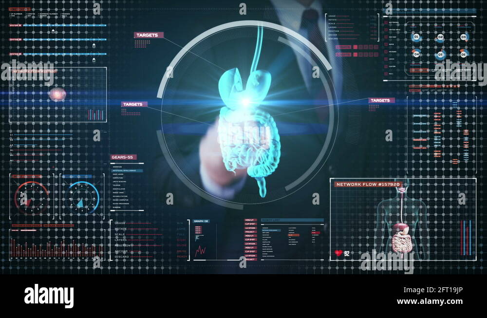 Businessman touching digital screen, scanning internal organs ...