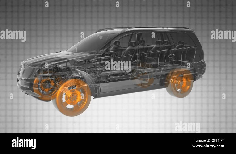 loop car rotate. visible engine and gear transmission. wheels with glow ...