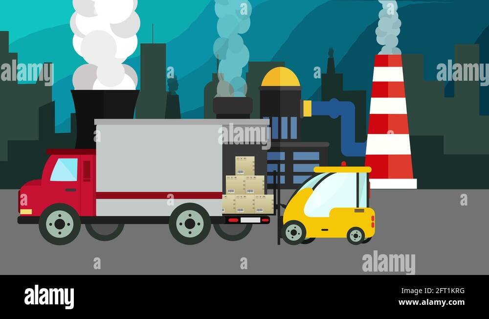 Cartoon animation of a forklift Loader load boxes into a truck over ...