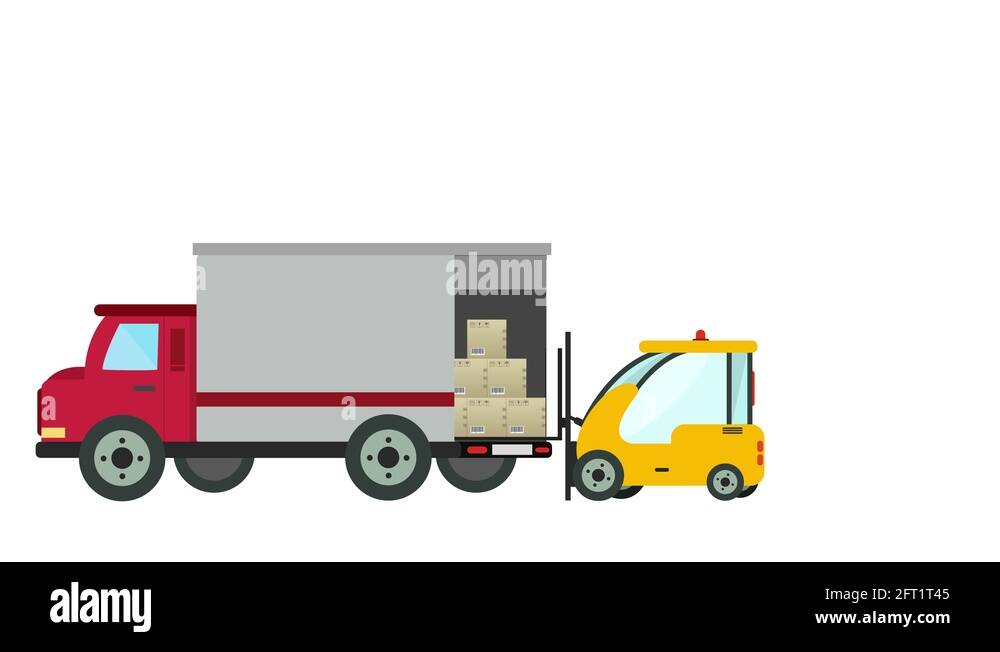 Cartoon animation of a forklift Loader load boxes into a truck white ...