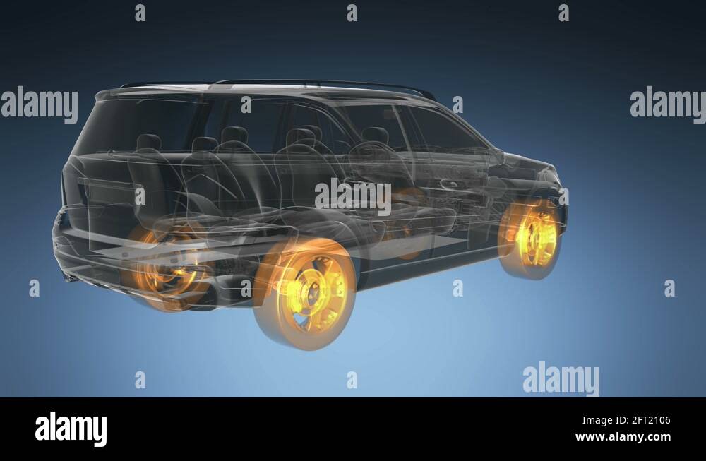 loop car rotate. visible engine and gear transmission. wheels with glow ...