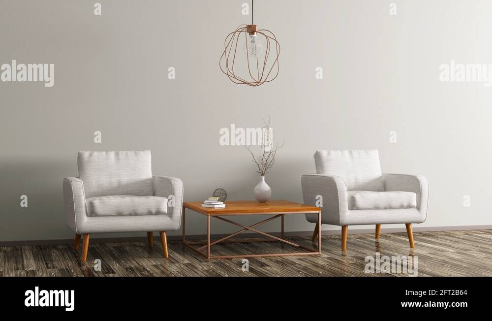 Interior with two armchairs, coffee table and lamp 3d animation Stock ...