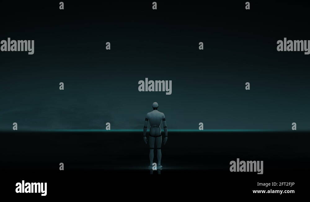 Robot cyborg front of construction building city skyline. neon blue ...
