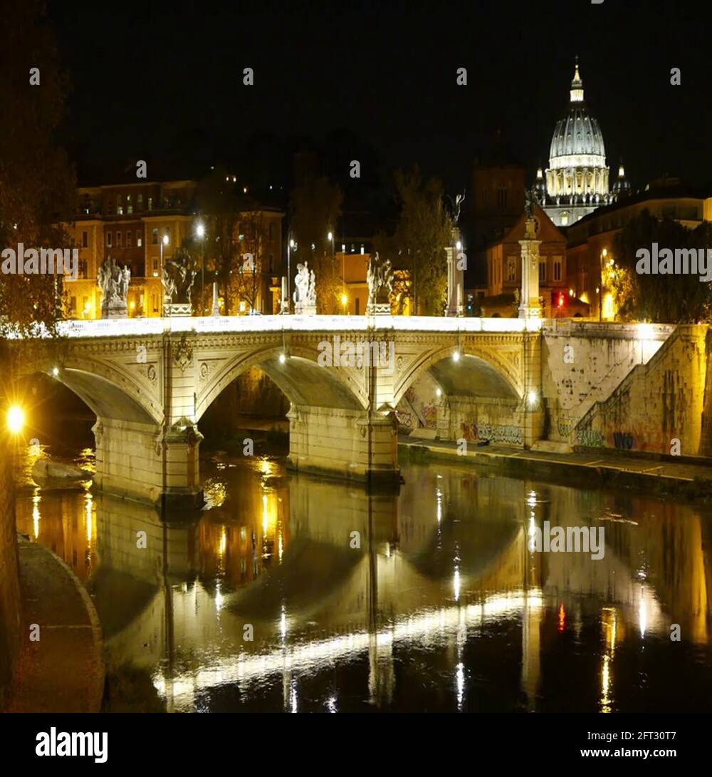 Amazing night view over the Bridges of Rome and St Peters Basilica ...