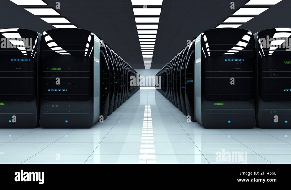 Modern server room. Realistic LED lights are flashing. Camera zoom ...