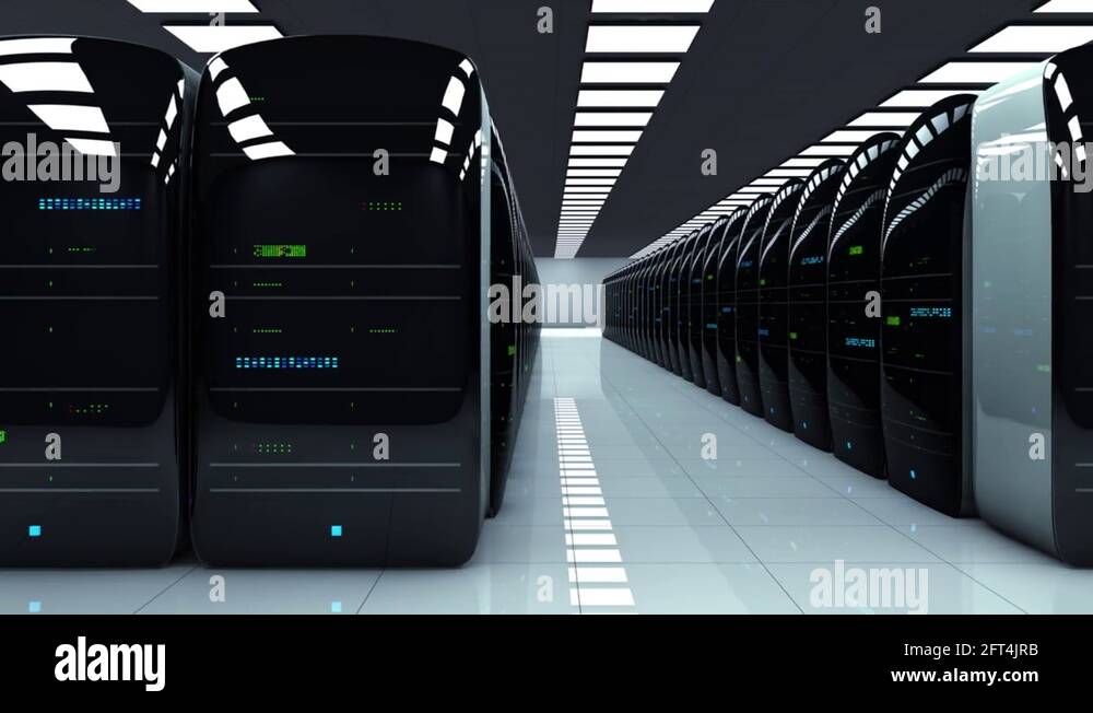Modern server room. Realistic LED lights are flashing.. Camera moves to ...
