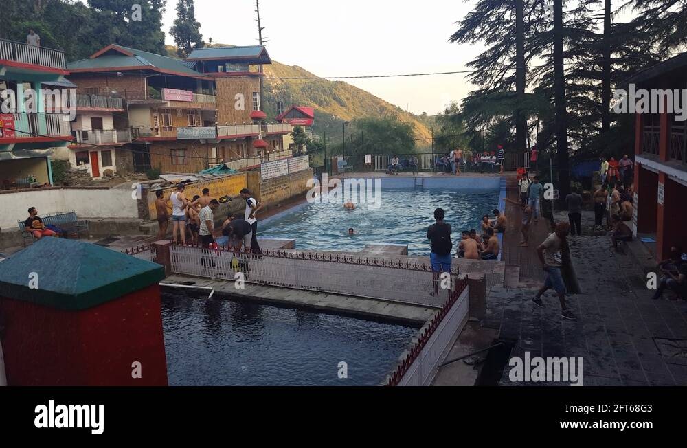 Indian tourists swim, Bhagsu Naag Temple swimming pool, Dharamsala ...