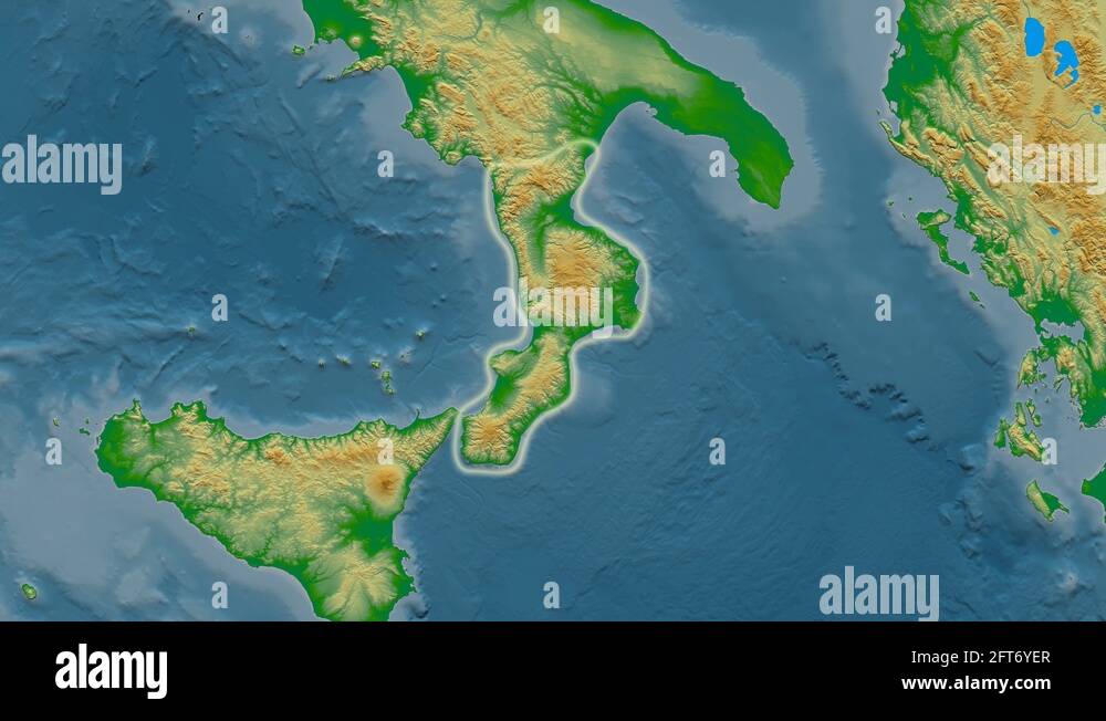 Zoom into Calabrian mountain range - glowed. Colored physical map Stock ...
