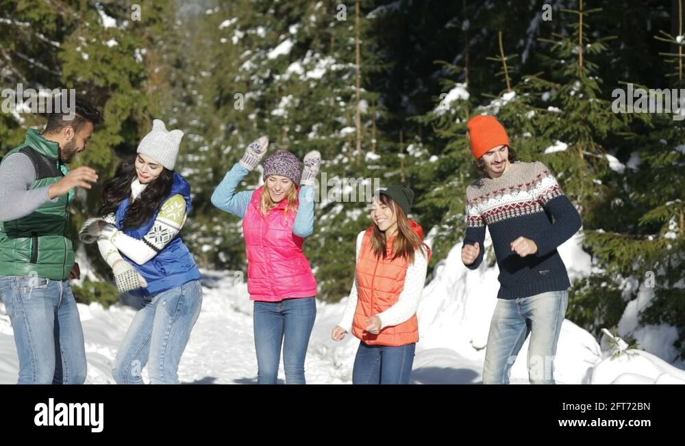 People Group Snow Forest Young Friends Having Fun Outdoor Winter Pine ...