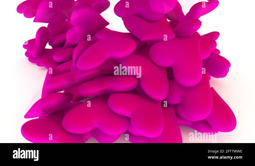 Animated pink hearts falling, pouring onto white reflective base ...