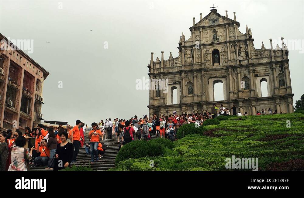 Macao - People in front of famous Ruins of St. Paul's Church. 4K ...