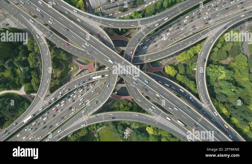 Busy intersection elevated highway, abstract drone shot Shanghai China ...