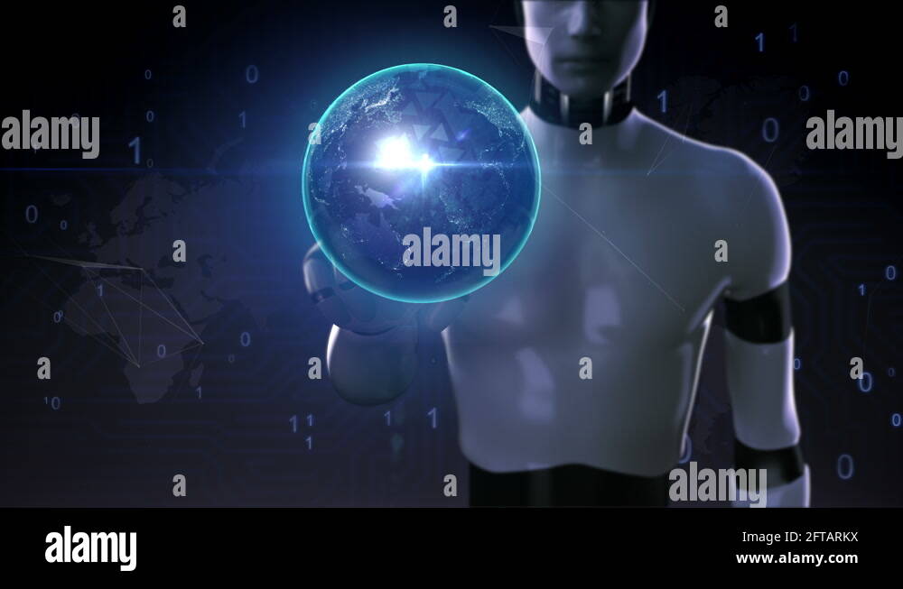 Robot, cyborg touching earth, communication technology, network world ...