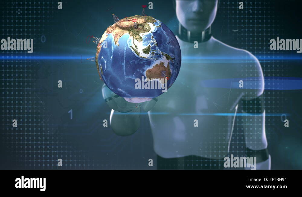 Robot, cyborg touching earth, communication technology, network world ...