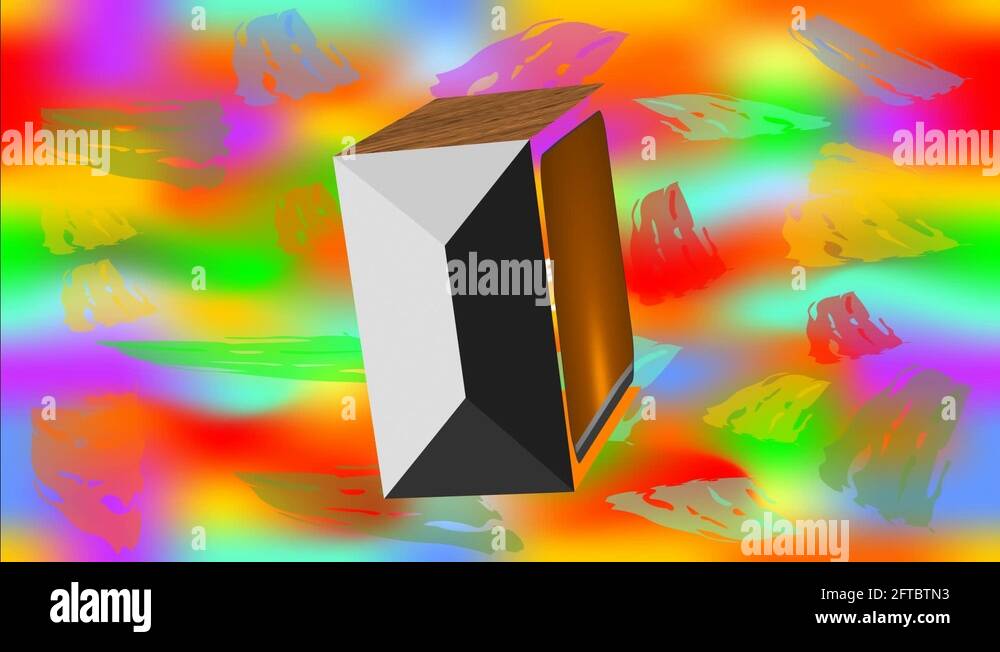Cube with wooden texture face rotating on multicolored psychedelic ...