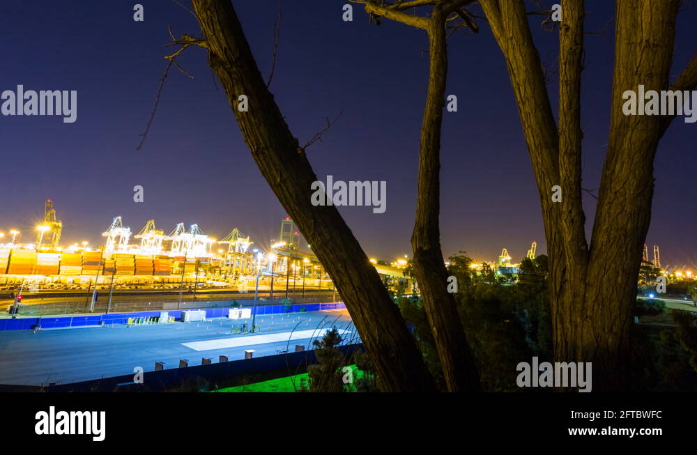 MoCo Tracking Timelapse of Port of Los Angeles thru Tree at Night -Zoom ...