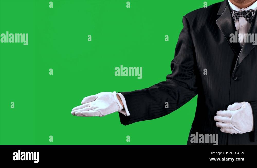 4K Tuxedo Man Gestures, Open Hand Reveal to Center Screen, Green Screen ...